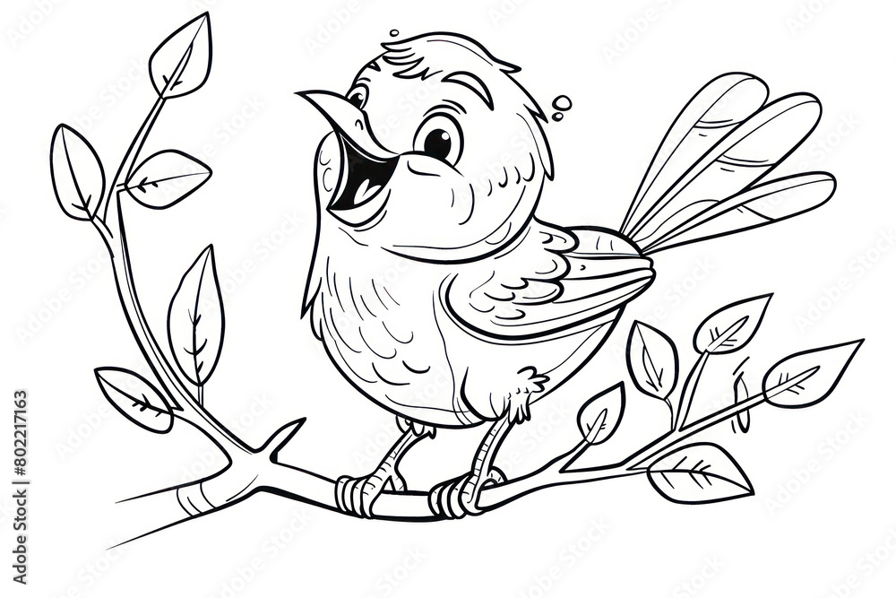 Coloring page outline of cartoon smiling cute little singing bird ...