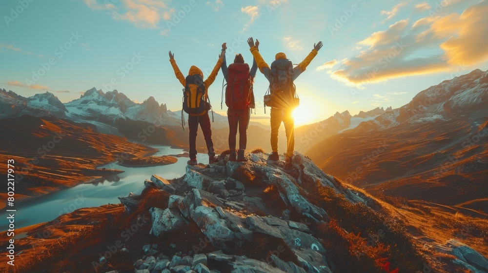 Three people raising their hands on the top of the mountain, overcoming ...
