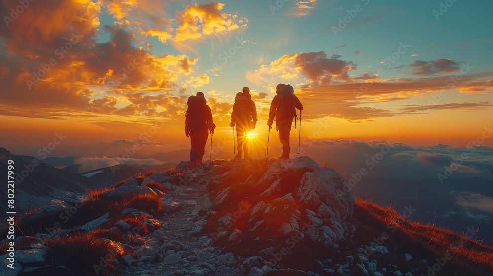 Three people raising their hands on the top of the mountain, overcoming ...