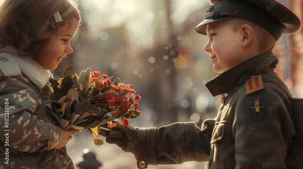 Young girl presenting bouquet of flowers to soldier in touching display ...