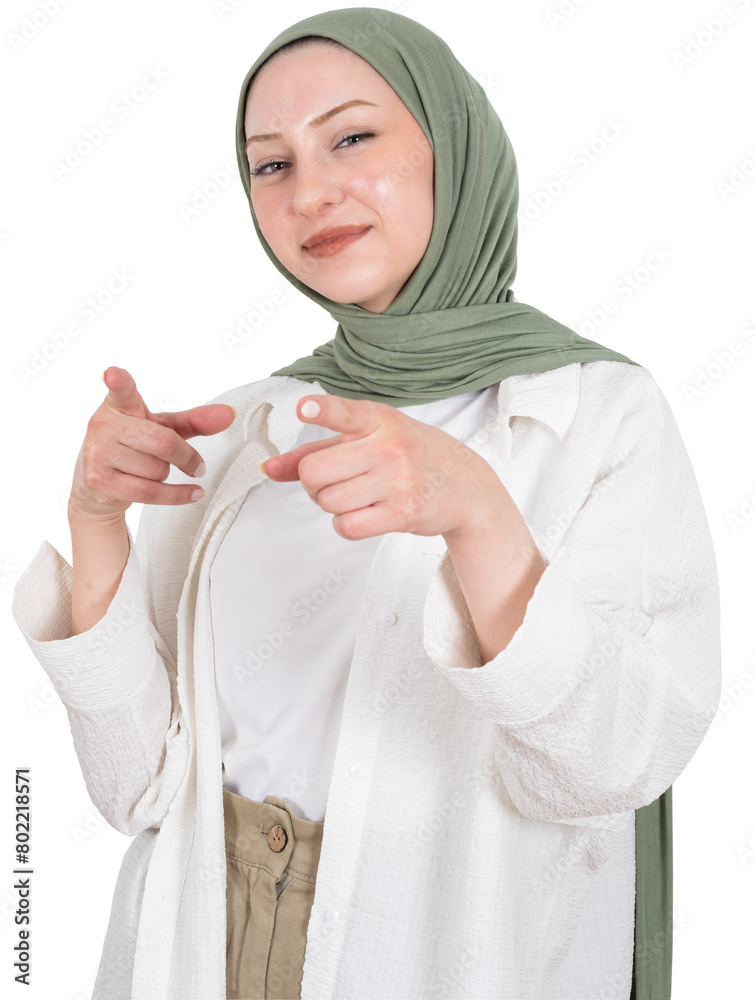Point index finger camera, young caucasian 20s muslim woman in abaya ...