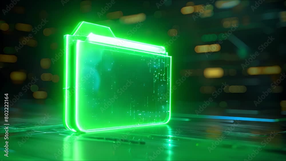 Futuristic neon green folder icon, stark and glowing on a black canvas ...