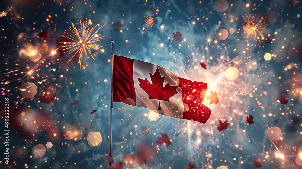 The Canadian flag waves proudly amid a spectacular display of fireworks ...