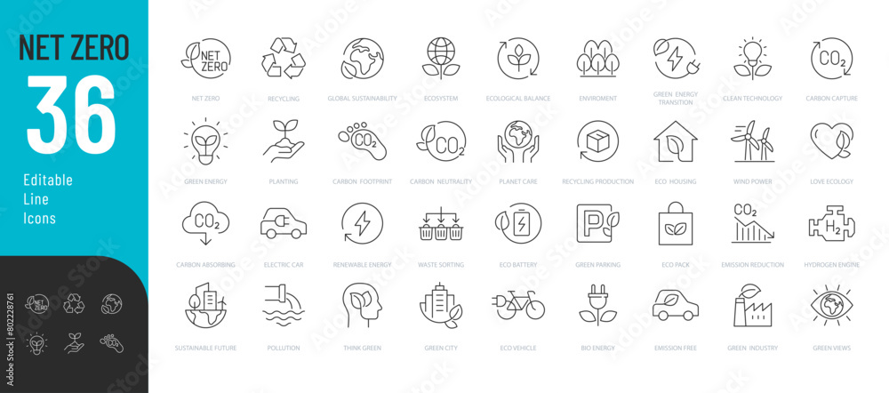 Net Zero Line Editable Icons set. Vector illustration in modern thin ...