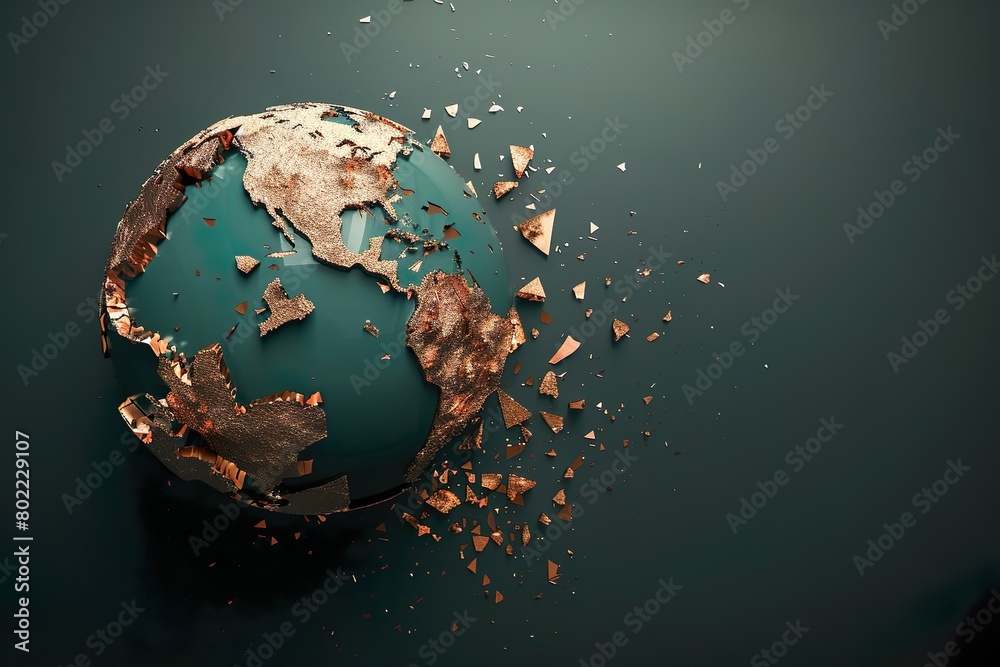 Earth Globe made from Copper with broken Pieces on dark background ...