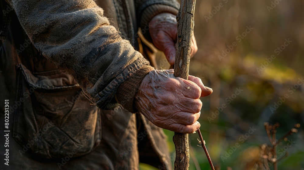 Elderly hands holding a walking stick, strength in age, close up ...