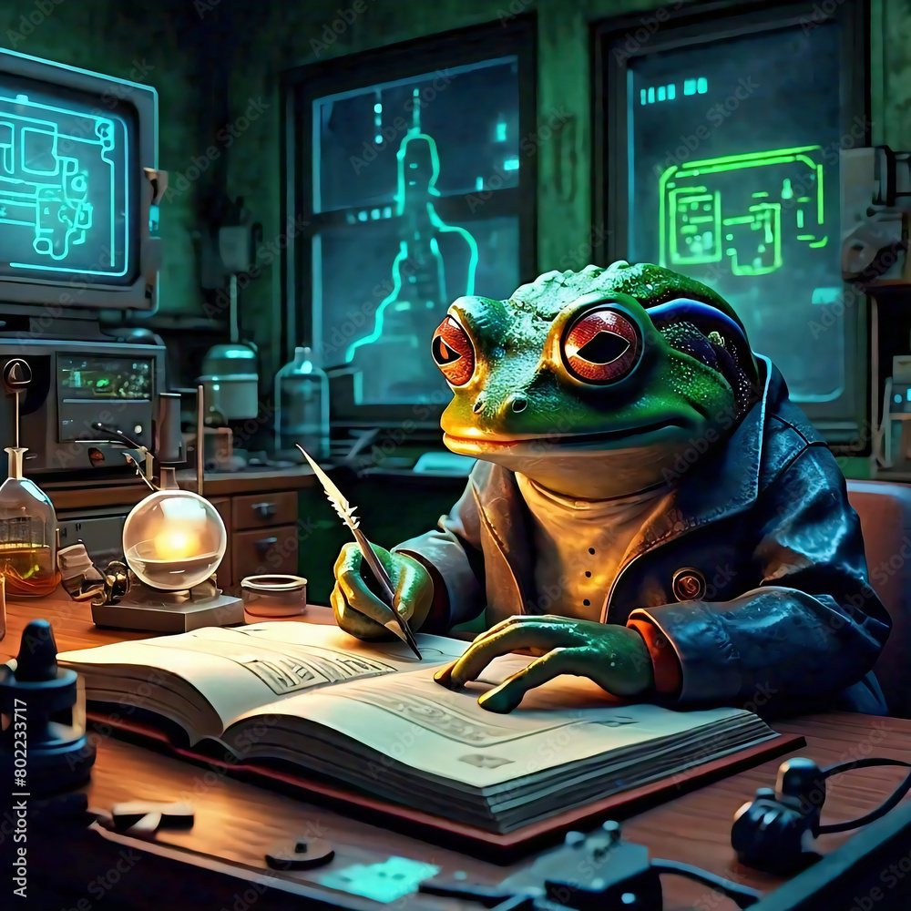 Fantasy portrait of a funny scientist frog with glasses taking notes in ...