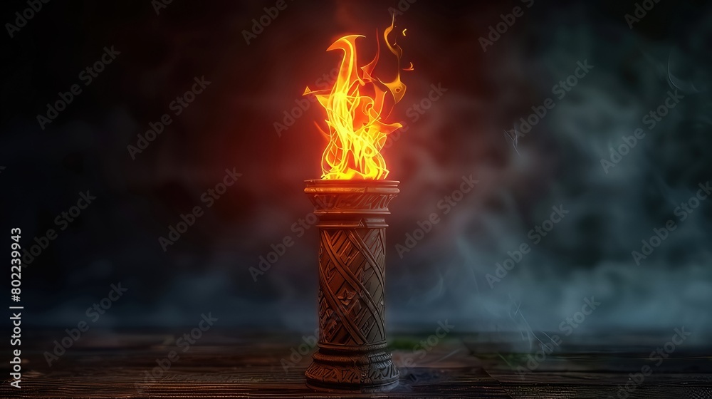 Illustration of a wooden torch fire. 3d medieval fire lamp. Combustion ...