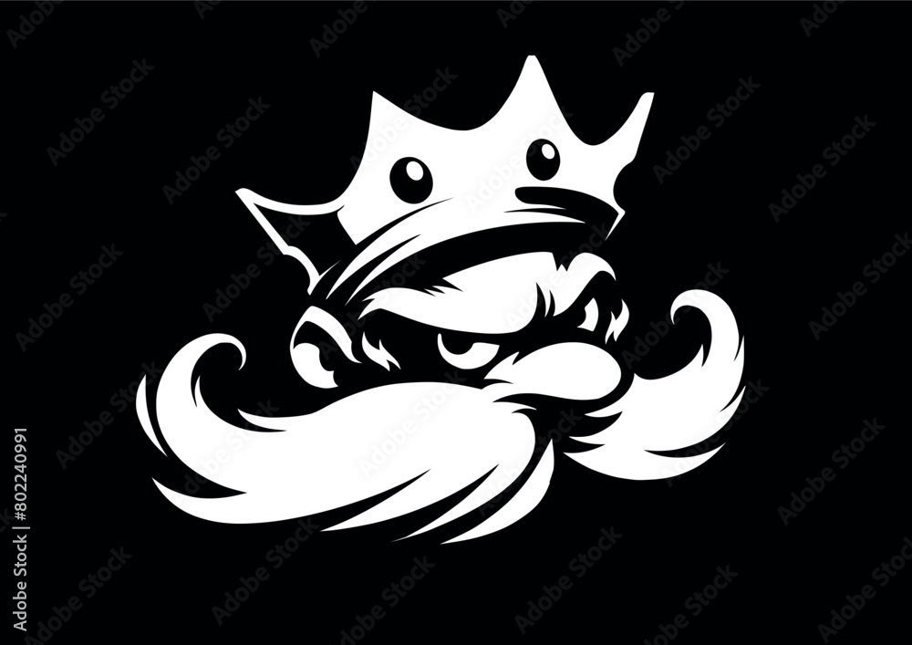 Moustache king in crown. Black and white logotype. king character face ...