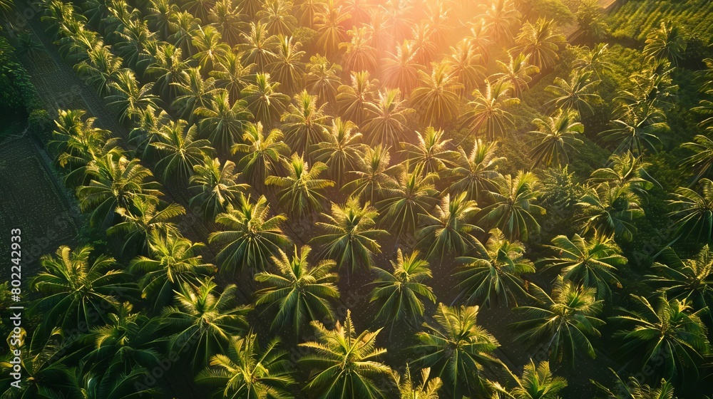 Illustrate a mesmerizing birds-eye view of an idyllic coconut farm ...