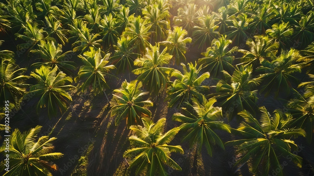 Illustrate a mesmerizing birds-eye view of an idyllic coconut farm ...