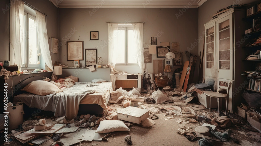 Interior of an old abandoned ruined room. Urban rotting house. AI ...