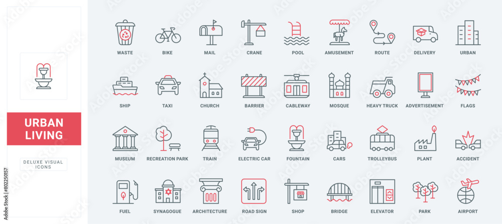 City buildings, town infrastructure and transport line icons set. Gas ...