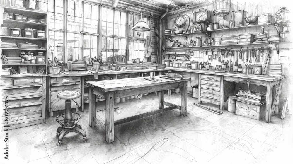 A detailed pencil drawing of a large, cluttered workshop. There are ...