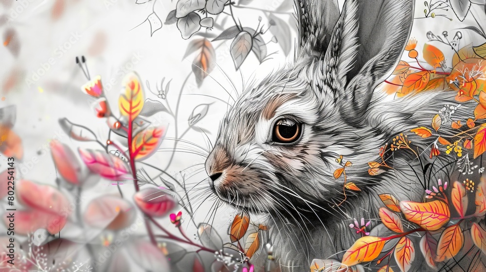 Illustrate a top-down perspective of a charming rabbit exploring a ...