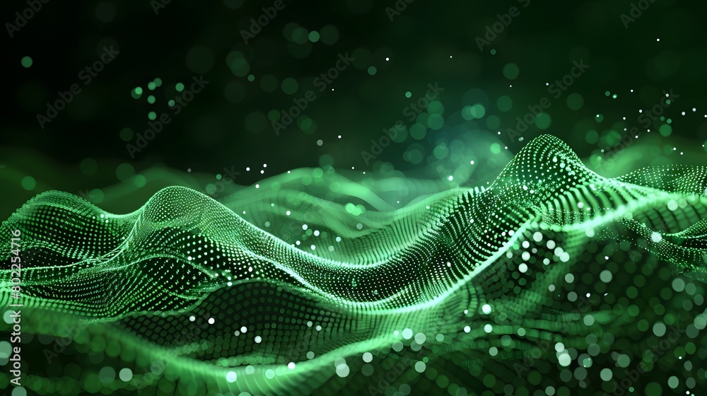 Abstract green particle background. Flow wave with dot landscape. Digital data structure. Future ...