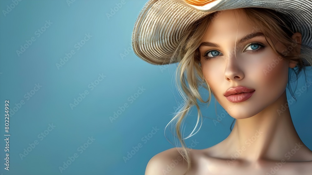 Elegante mulher vestida com roupas modernas em um fundo azul isolado ...