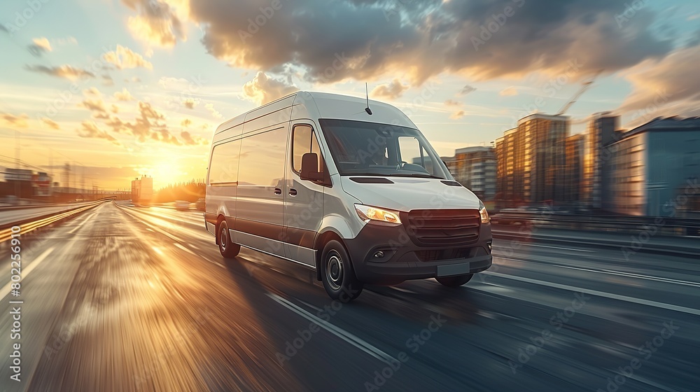 White modern delivery small shipment cargo courier van moving fast on ...