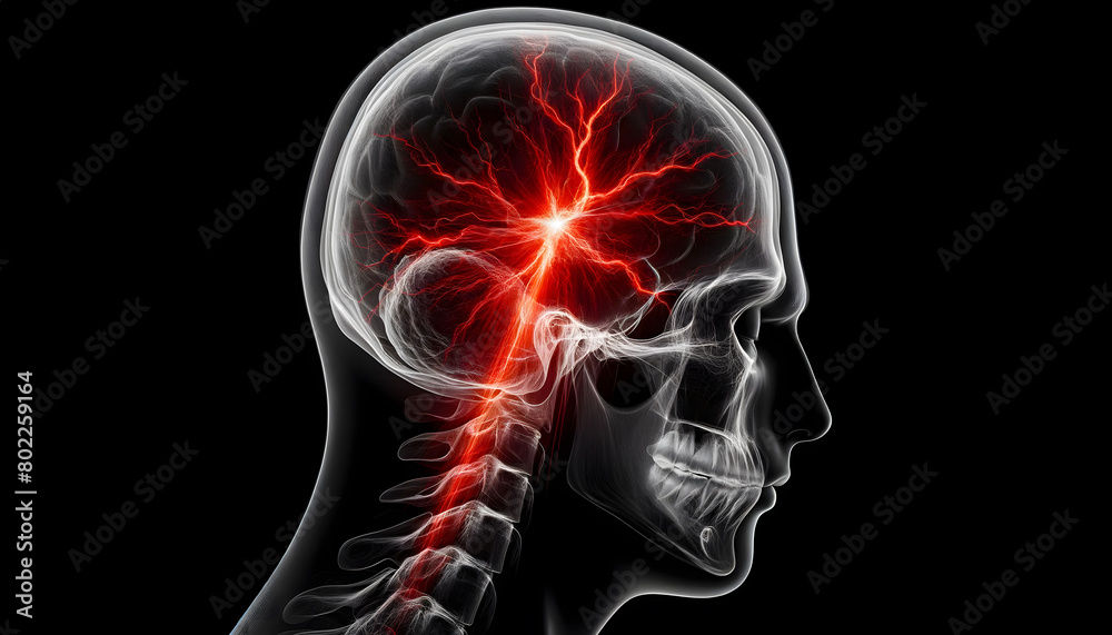 a human head in an X-ray view, with the area of pain highlighted in ...