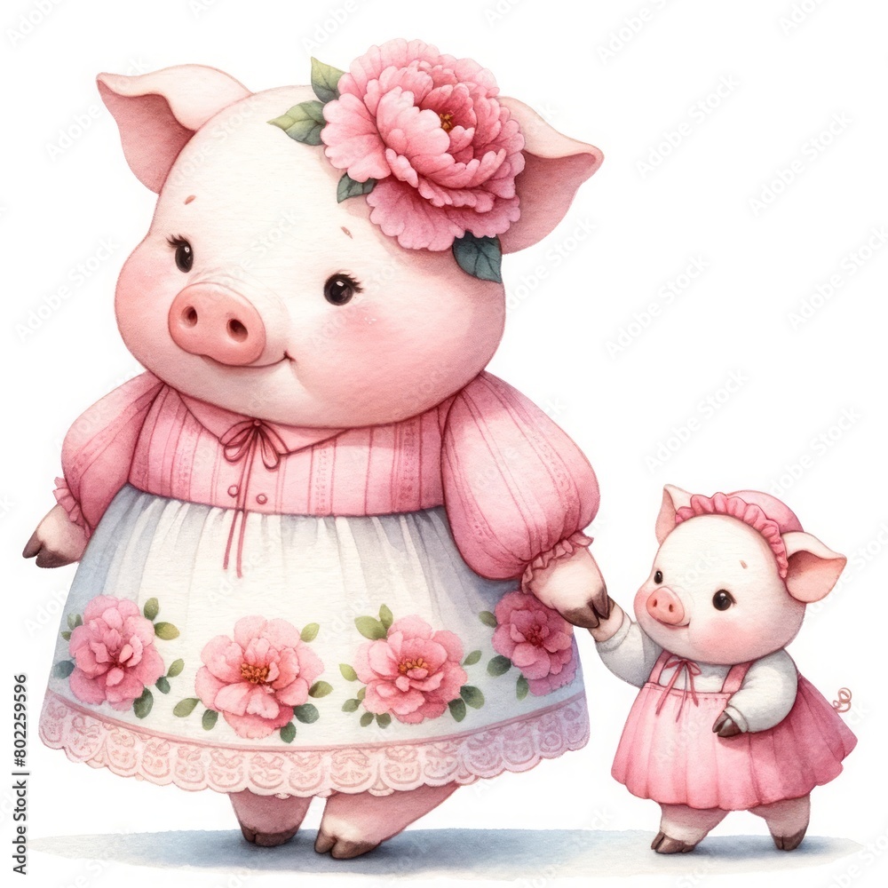 Heartwarming illustration of a mother pig and her piglet in matching ...