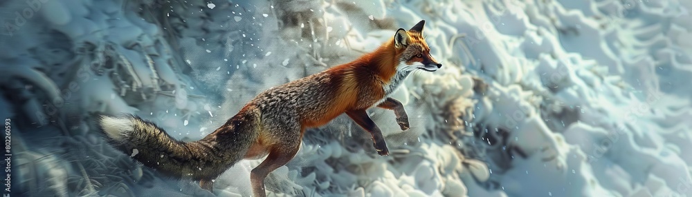 Illustrate an aerial view of a sly fox gliding over a snowy landscape ...