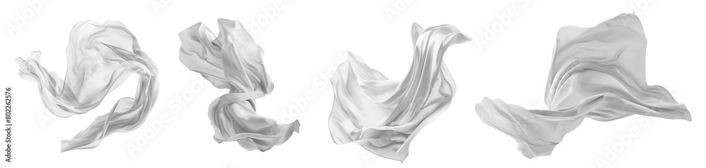 Collection set of white silk satin cloth fabric floating flying in the ...