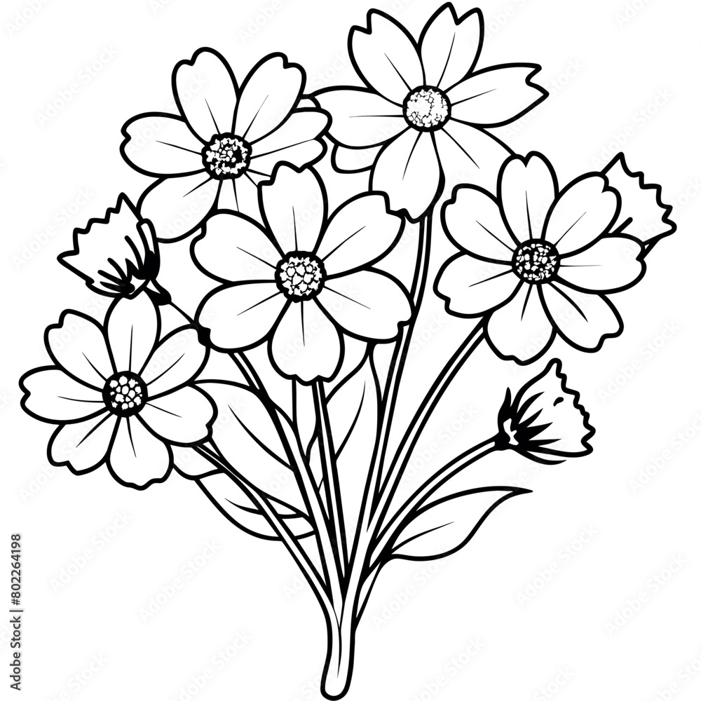 Cosmos Flower Bouquet outline illustration coloring book page design ...
