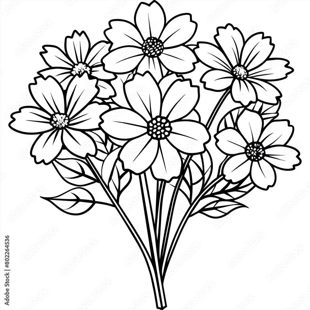 Cosmos Flower Bouquet outline illustration coloring book page design ...