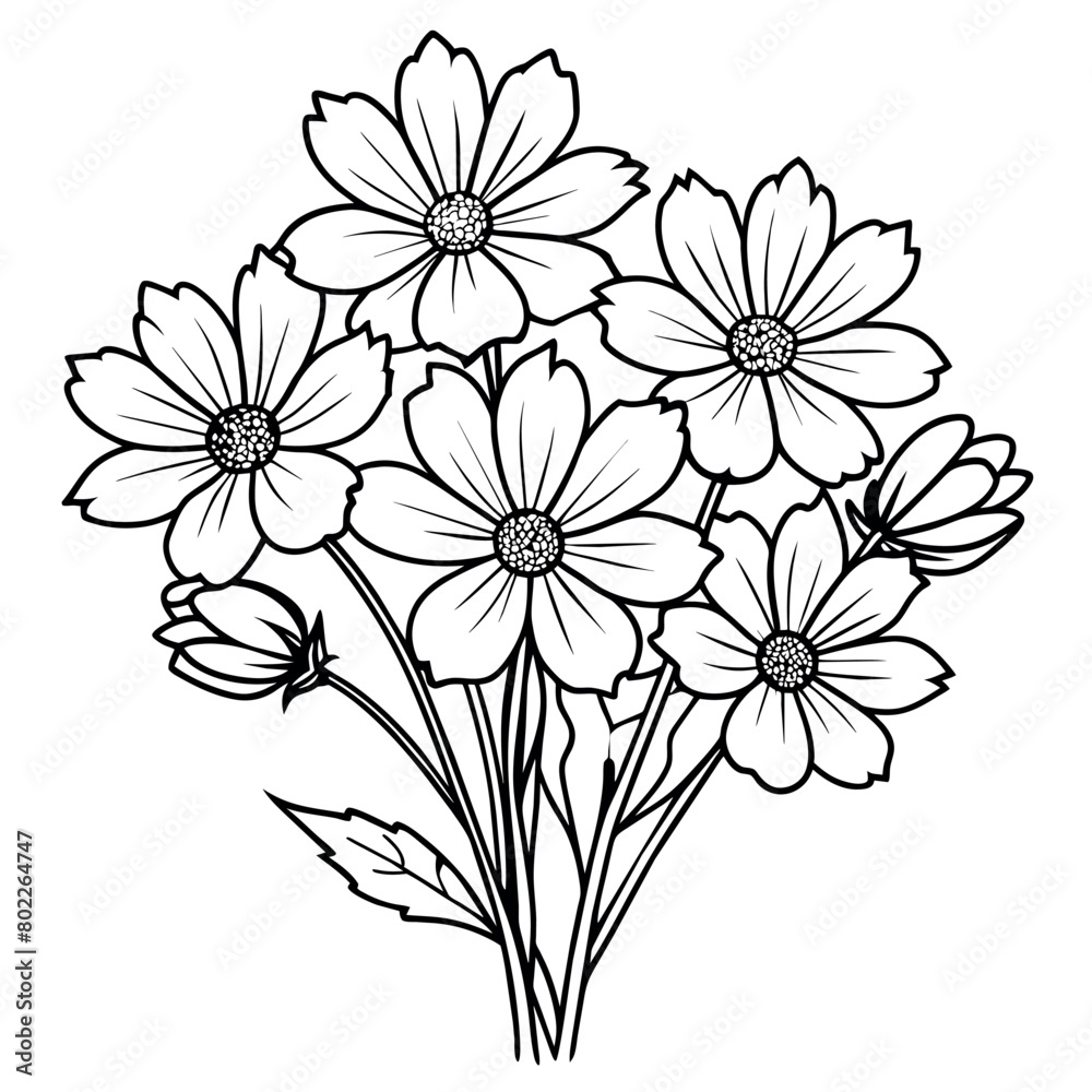 Cosmos Flower Bouquet outline illustration coloring book page design ...