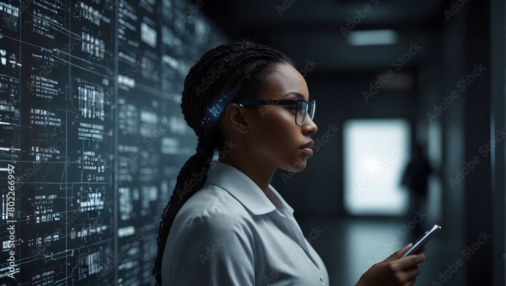 Representation of cyber security risks a female IT specialist of African descent analyzing ...