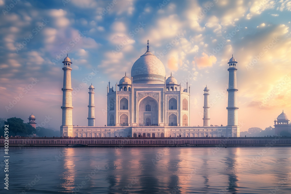 Taj Mahal in Agra India with views of the monument at sunrise and ...
