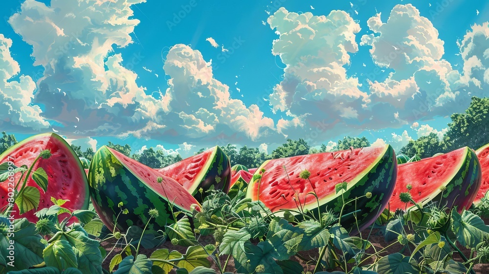Produce a panoramic view artwork of a luscious, juicy watermelon patch ...
