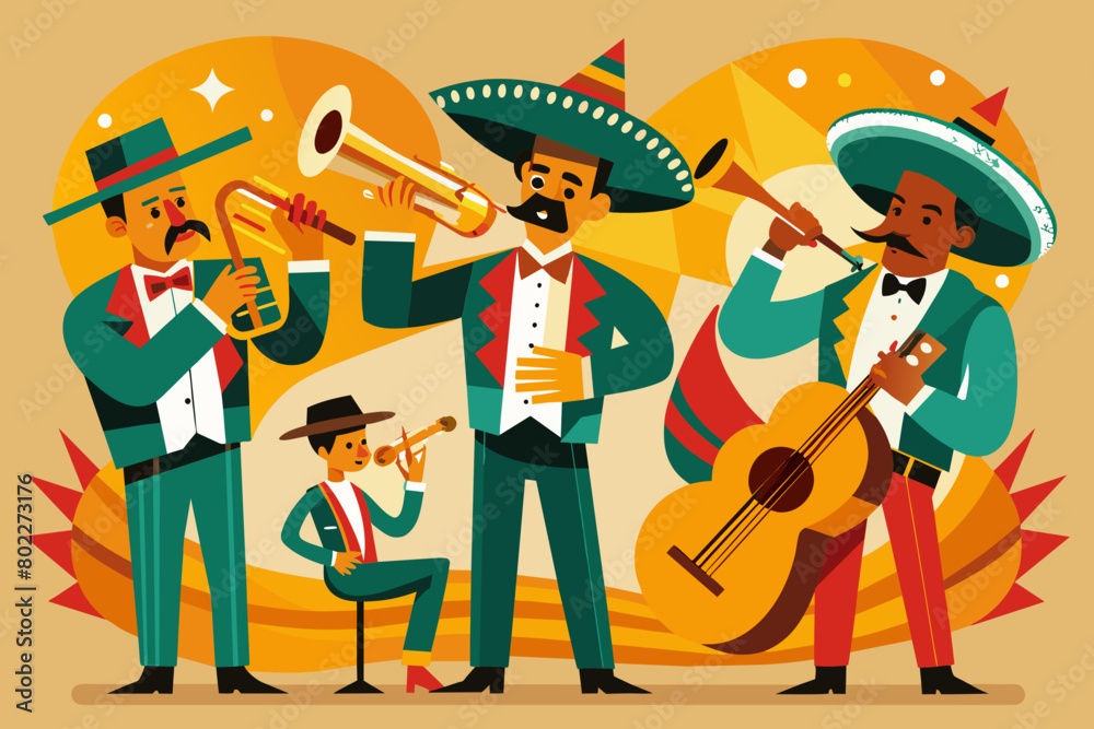 mariachi band in full attire, playing instruments like trumpets ...