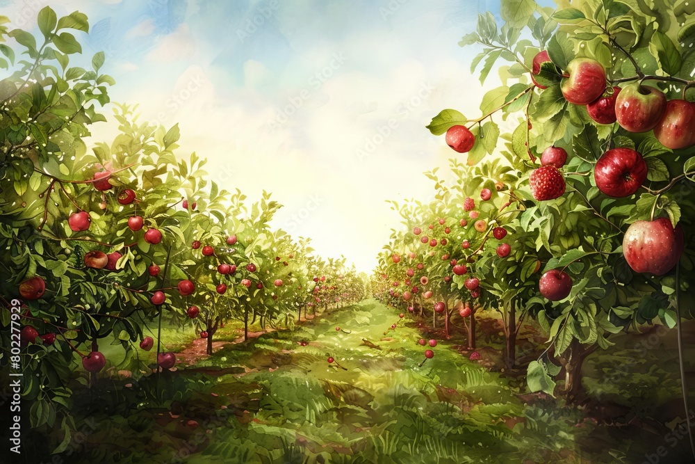 The image shows an apple orchard with ripe red apples hanging from the ...