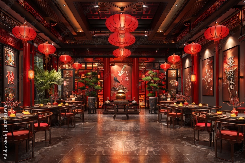 An elegant traditional Chinese restaurant boasts a rich red and black ...