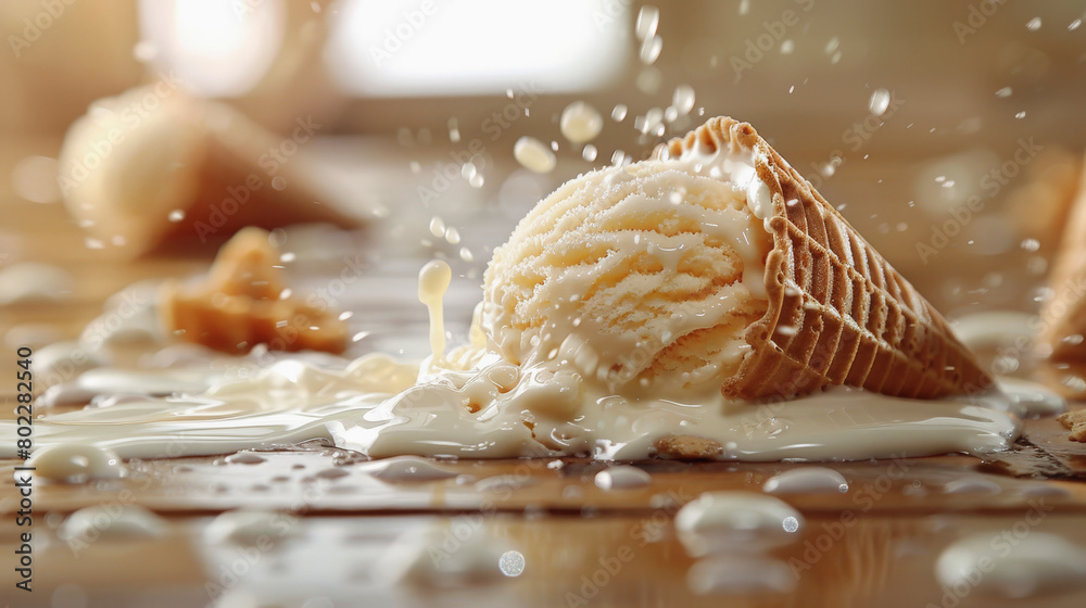 An overturned ice cream cone with a scoop of vanilla ice cream melting ...
