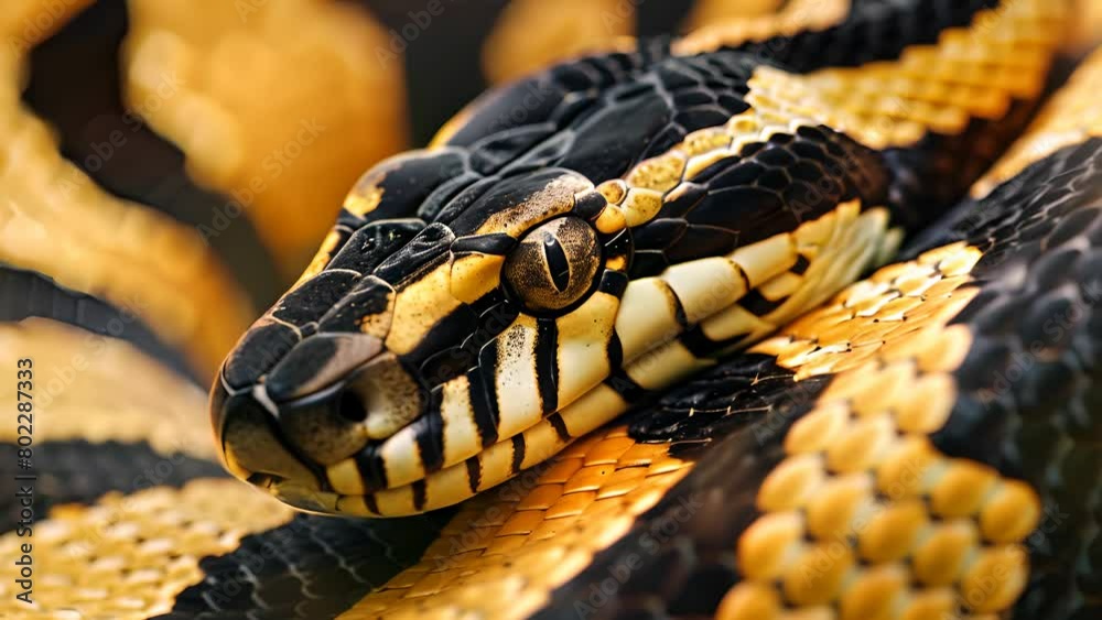 A snake with a black and yellow head is shown in the image. The snake's ...