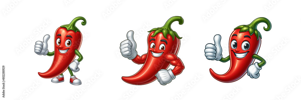 Set of red chili cartoon with thumb up vector illustration, isolated ...