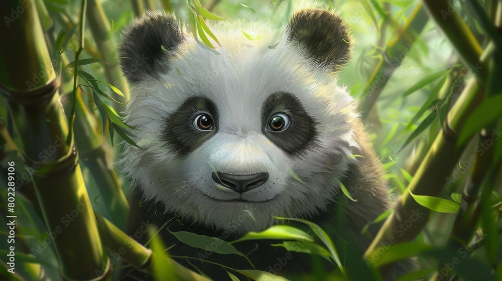 Capture a captivating frontal view of a panda in lush bamboo forest ...