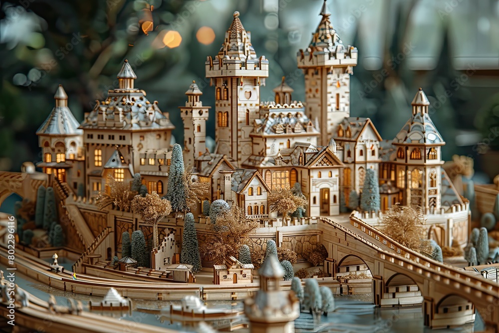 Wooden castle playset with towers, bridges, and a knight standing guard ...