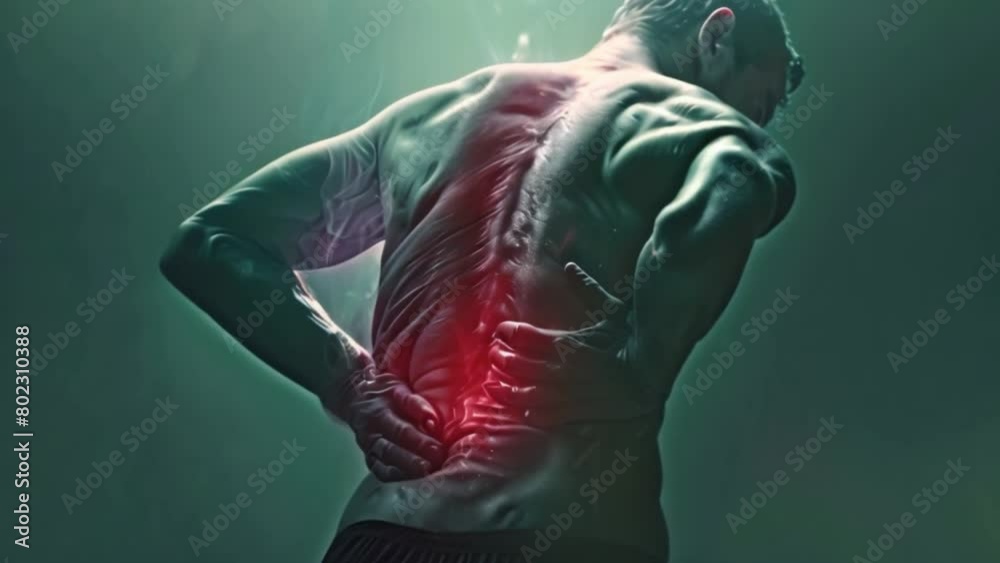 Spinal pain and human back anatomy Man puts his hands behind his back ...