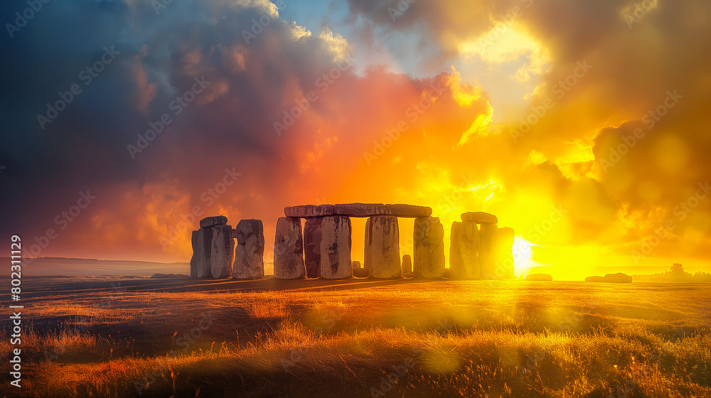 Summer Solstice Sunrise and Sunset Glow over Stonehenge Stones and ...