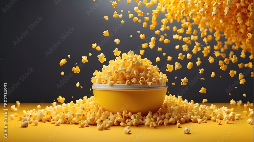 A plain background of bright yellow with popcorn. Food concept for 3D ...