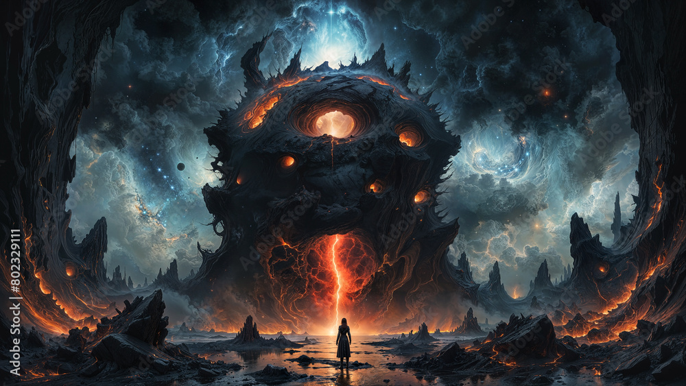 Surreal black magma volcanic mountain with destructive hot lava ...