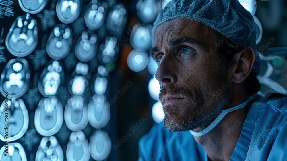 Neurosurgeon in scrubs, examining MRI scans, backlit, close up, sharp ...