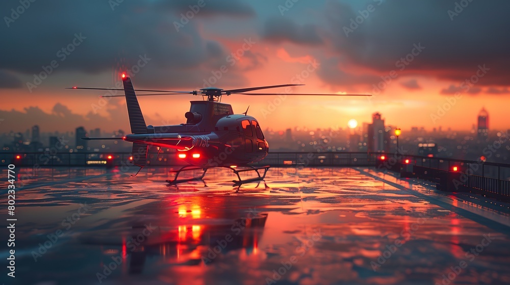 Hospital rooftop helipad, city skyline at dusk, helicopter lights glow ...