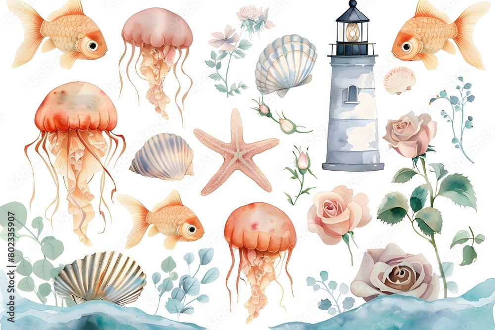 watercolor, cute and creepy sea animals clipart set ilustração do Stock ...
