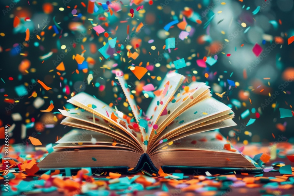 An open book surrounded by a burst of colorful confetti, symbolizing ...