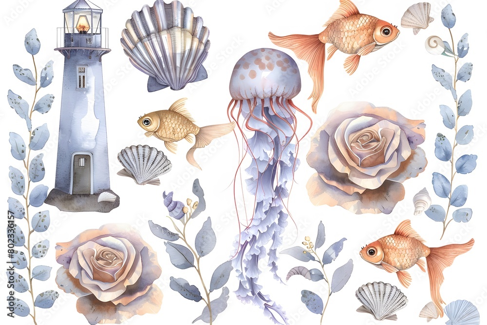 watercolor, cute and creepy sea animals clipart set Stock Illustration ...