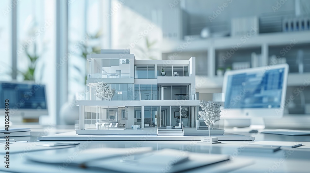 A white house model sits on a table in front of a computer monitor. The ...